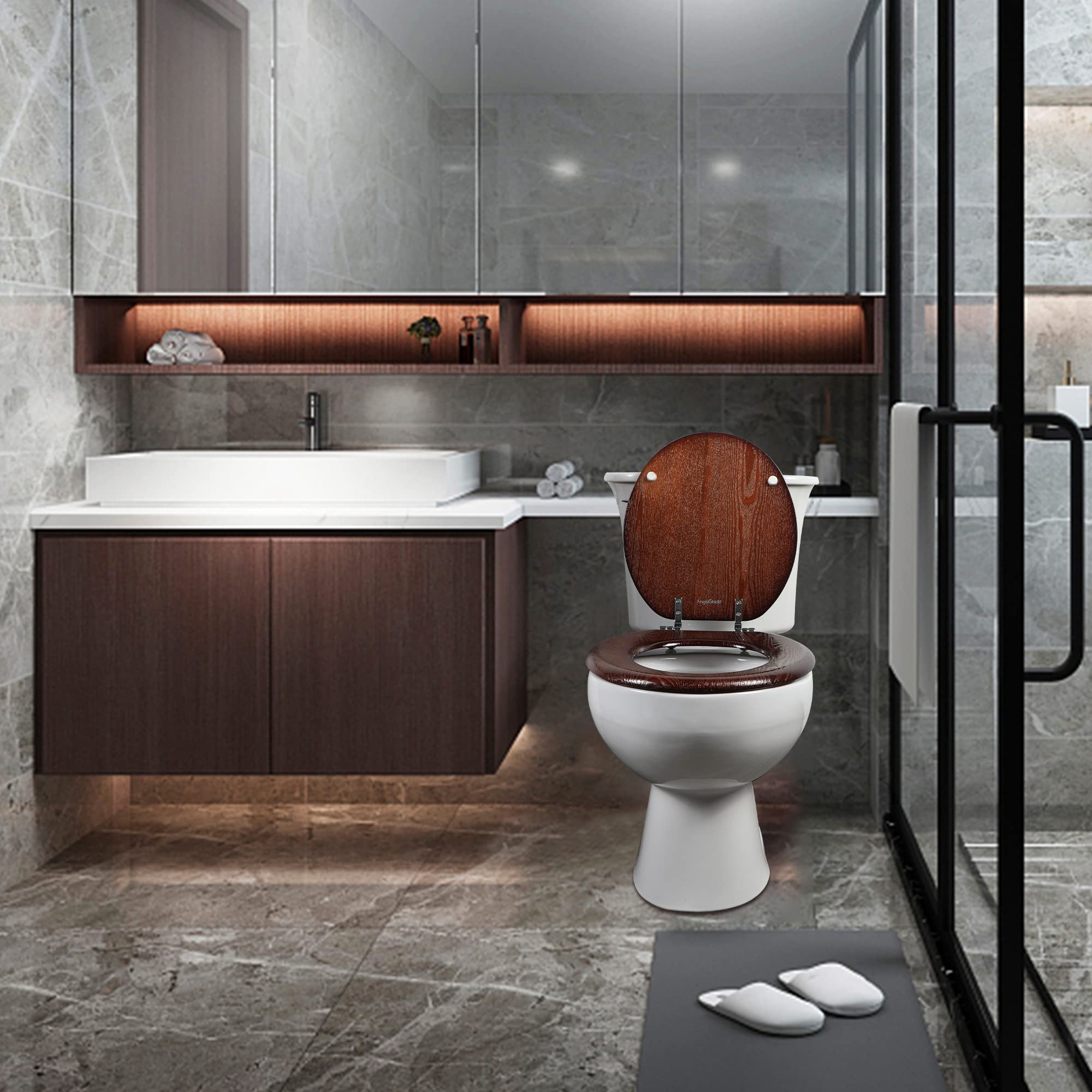 Angel Shield Durable Wood Veneer Natural Toilet Seat Metal Hinged Easy Clean Anti-scratch American Standard(Round,Dark Walnut)
