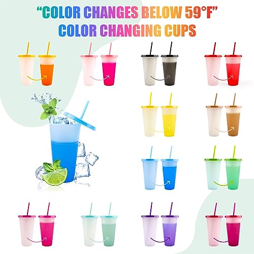 EASEVE Color Changing Cups with Lids and Straws - 12 Packs 24 oz Reusable Plastic Tumblers with Lids and Straws for Adults Kid Party, Bulk Tumblers for Iced Coffee Tea and Smoothie