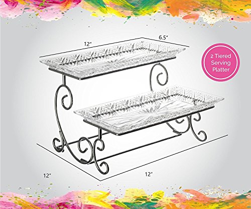 Godinger Silver Art Dublin 2 Tiered Glass Buffet Serving Tray - Chrome Plated Platter Stand with Starburst Design - Party and Event Dessert and Food Display Server