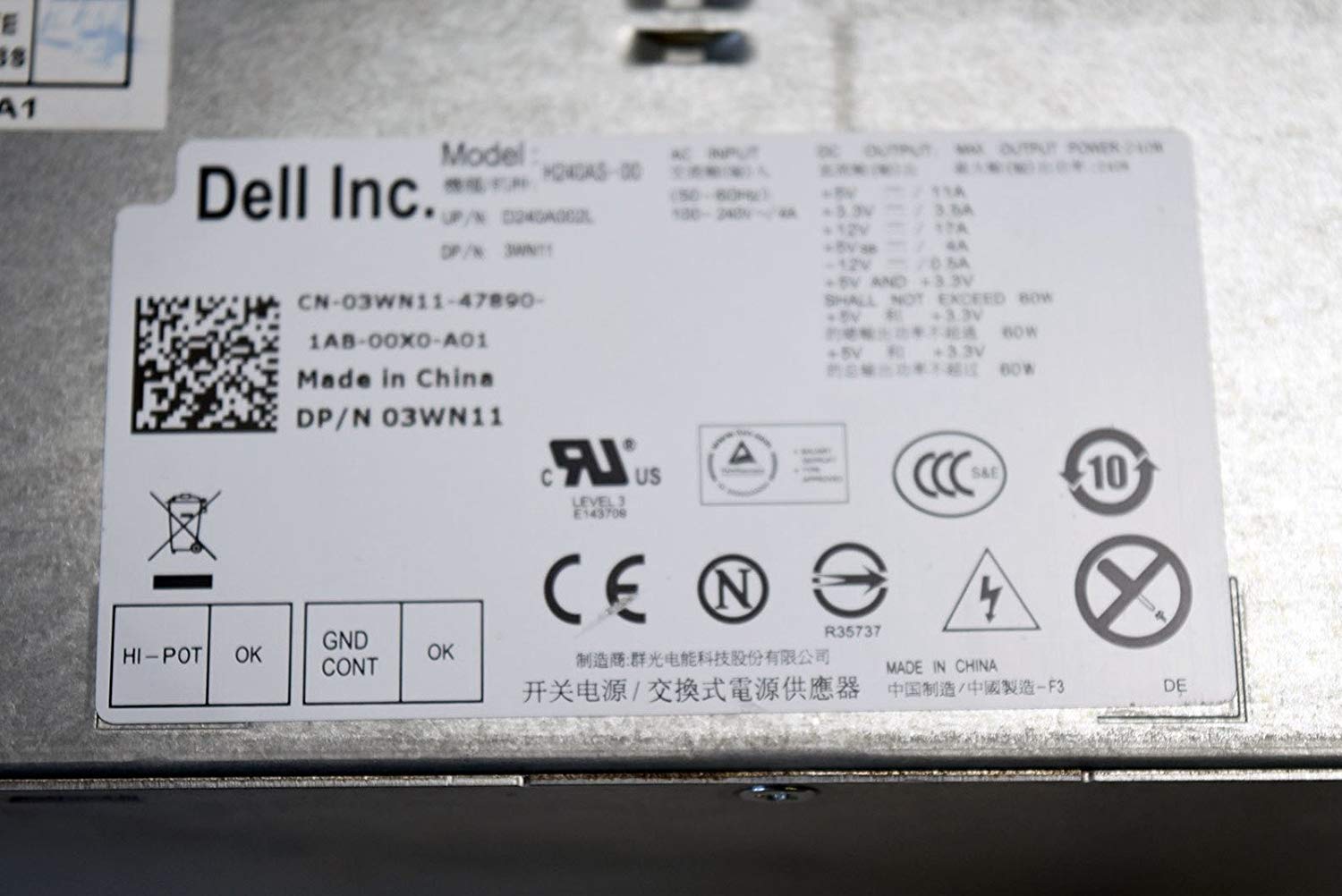 Dell 3WN11 H240AS-00 240W ATX SFF M-ITX Power Supply D240A002L RV1C4 J50TW 2TXYM