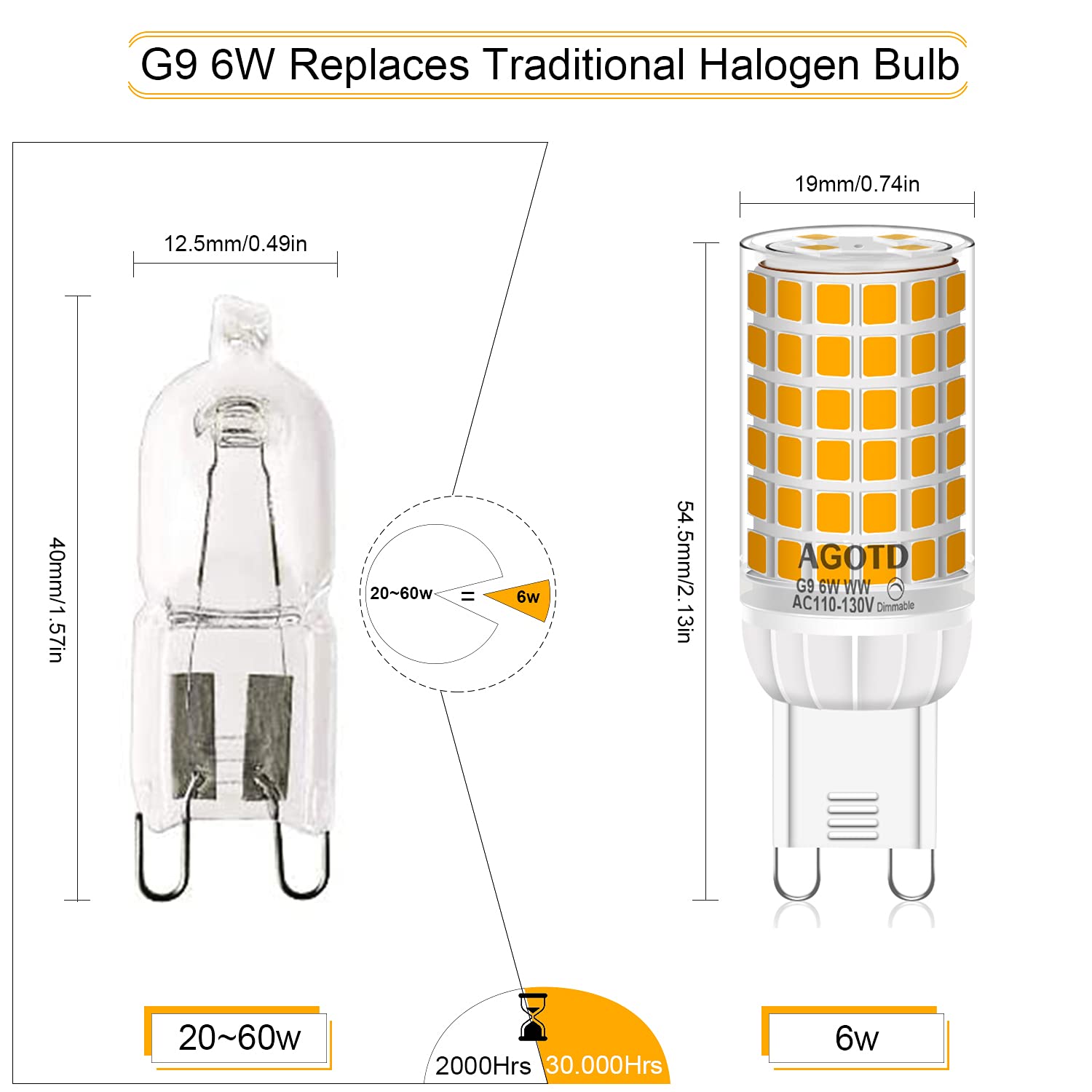 AGOTD G9 LED Bulb 6W, Dimmable Soft Warm White 2700K, 658LM LED Light Bulb, T4 40W 50W 60W Halogen Replacement G9 Bi Pin Base, No-Flicker, Chandelier Lighting, 5 Pack