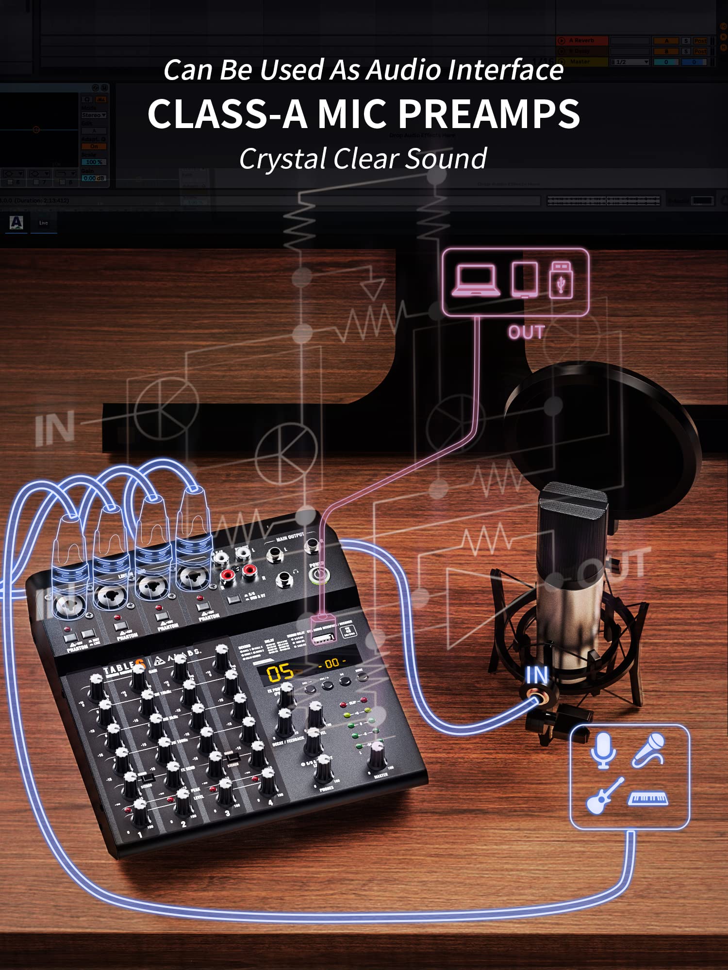 6 Channel Audio Mixer, ALABS DJ Mixer Sound Board for PC, Karoake Mixer Amplifier Mixer Audio, Podcast Mixer, XLR Interface Mixing Console,OP-AMP/Mic Preamps/Phantom/3-band EQ/16 DSP ,TABLE6