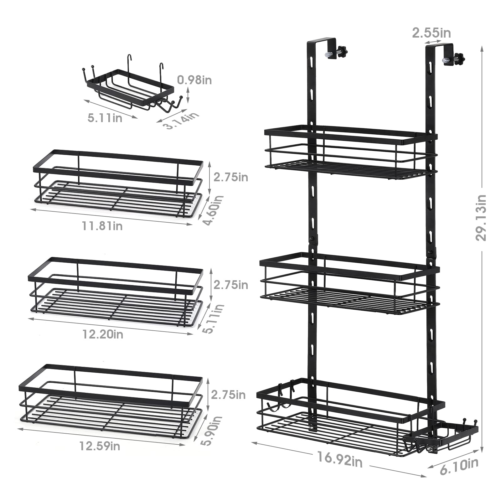 Tuenort Over the Door Shower Caddy, Adjustable Hanging Shower Shelves Rustproof with Hook, Shampoo Holder Bathroom Organizer Shelf with Soap Holder for Inside Bathroom and Kitchen Storage, Black