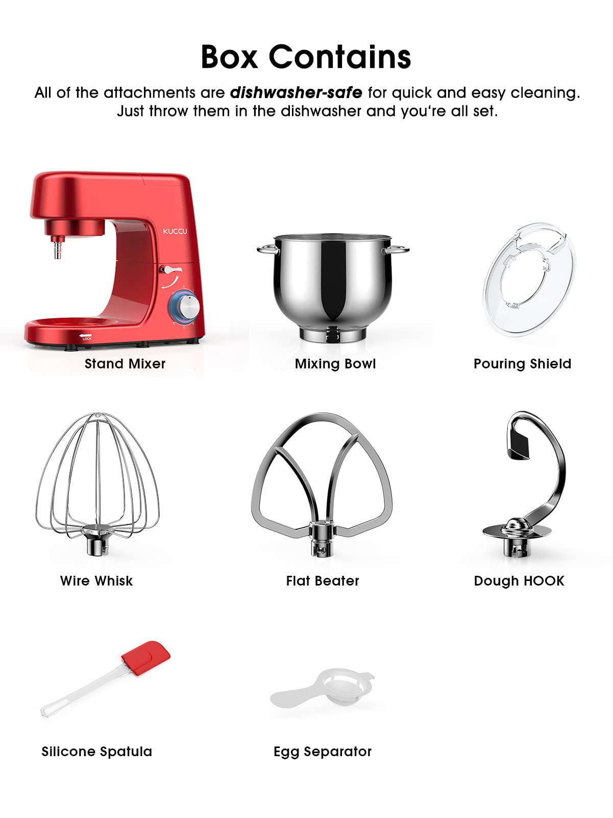 8.5 QT Double Handle KUCCU Stand Mixer, 6 Speed with Pulse Electric Kitchen Mixer, 660W Tilt-Head Food Mixer with Dishwasher-Safe Dough Hook, Flat Beater, Whisk, Splash Guard for home baking (Red)