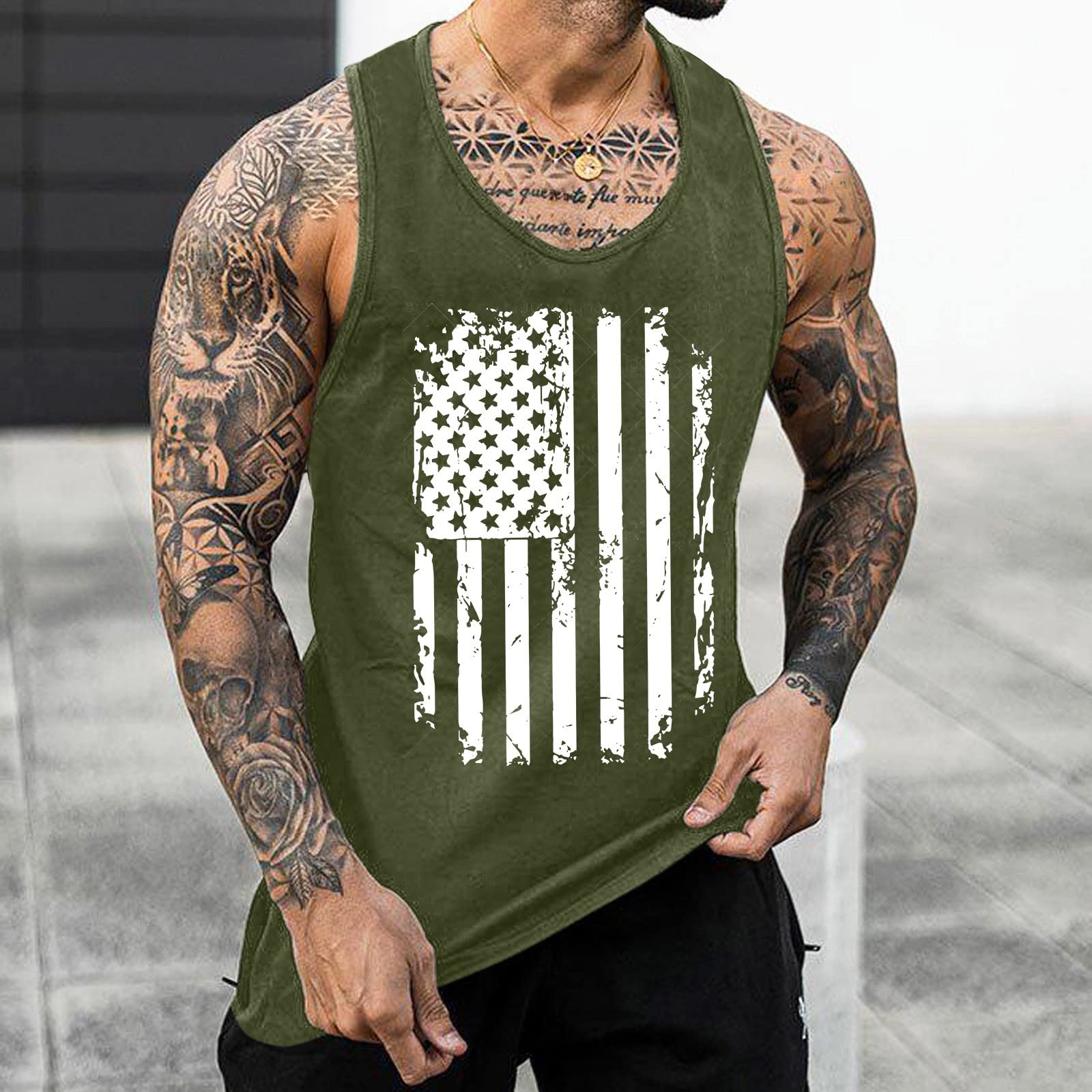 4th of July Graphic Tank Tops for Men Vintage American Flag Graphic Tees Summer Sleeveless Workout Athletic Muscle Cut Off Shirts Vests(Army Green,Medium)