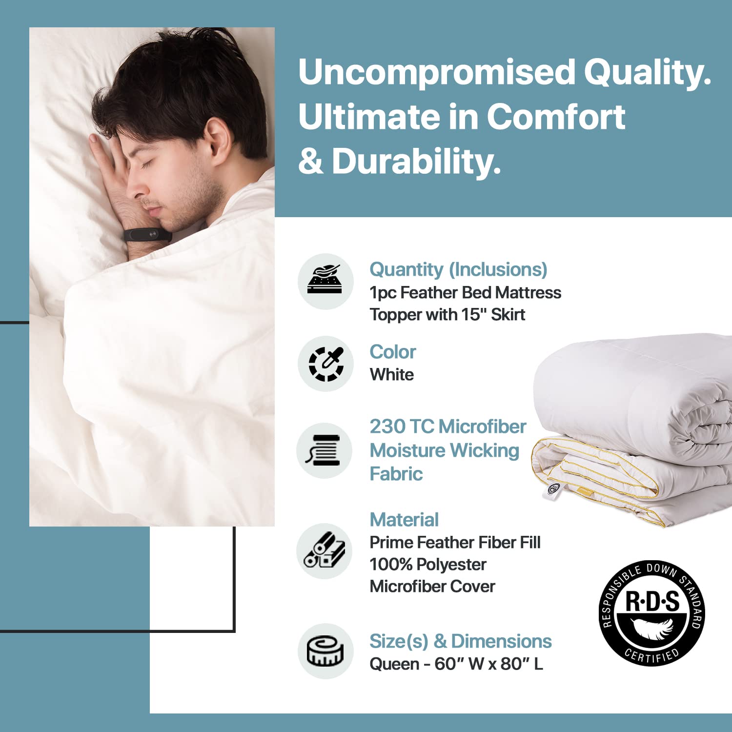 Simmons Feather Bed Queen Mattress Topper with 230TC Microfiber Shell - Skin Friendly Prime Feather Fiber Baffle Box Mattress Topper with 15β Skirt for Queen Size Bed - Plush Mattress Pad, 60βx80