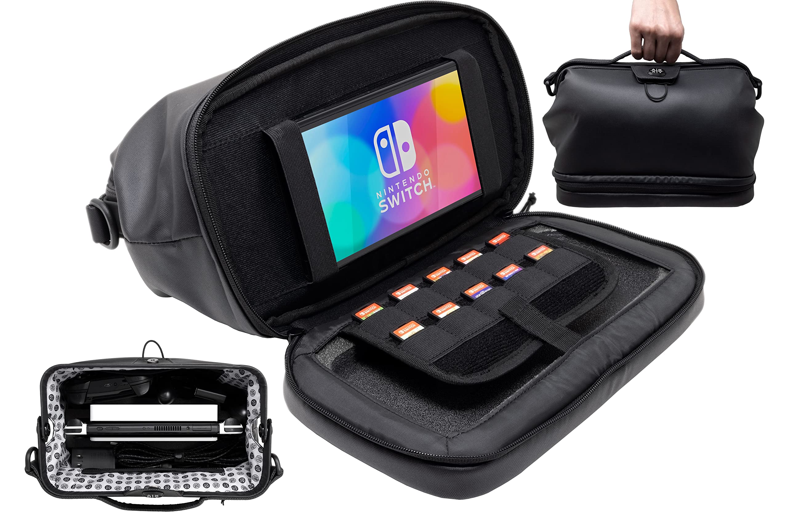 ABXY Premium Carrying Case for Nintendo Switch OLED - Compatible with Nintendo Switch, OLED, Switch Lite, Accessories w/ 10 Game Cartridge Slots, fits Controller Dock Charger Theater Mode (Black)