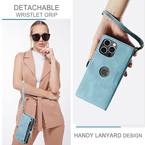 CaseMe Logo View for iPhone 13 Pro Max Magsafe Wallet Case Credit Card Holder,PU Leather Flip Lanyard Strap Wristlet Zipper Wireless Charging Women Men for iPhone 13 Pro Max Phone case(Tiffany Blue)