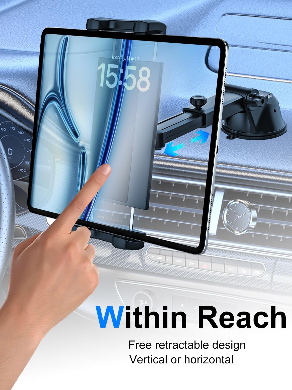 Kolasels Car Dashboard Windshield Tablet Mount for 4-13" iPad & Phone, Telescopic arm Suction Cup Truck Dash Window Tablet Holder for iPad Pro 12.9 11 10.5 9.7, iPad Air Mini, Samsung Tabs, iPhone etc