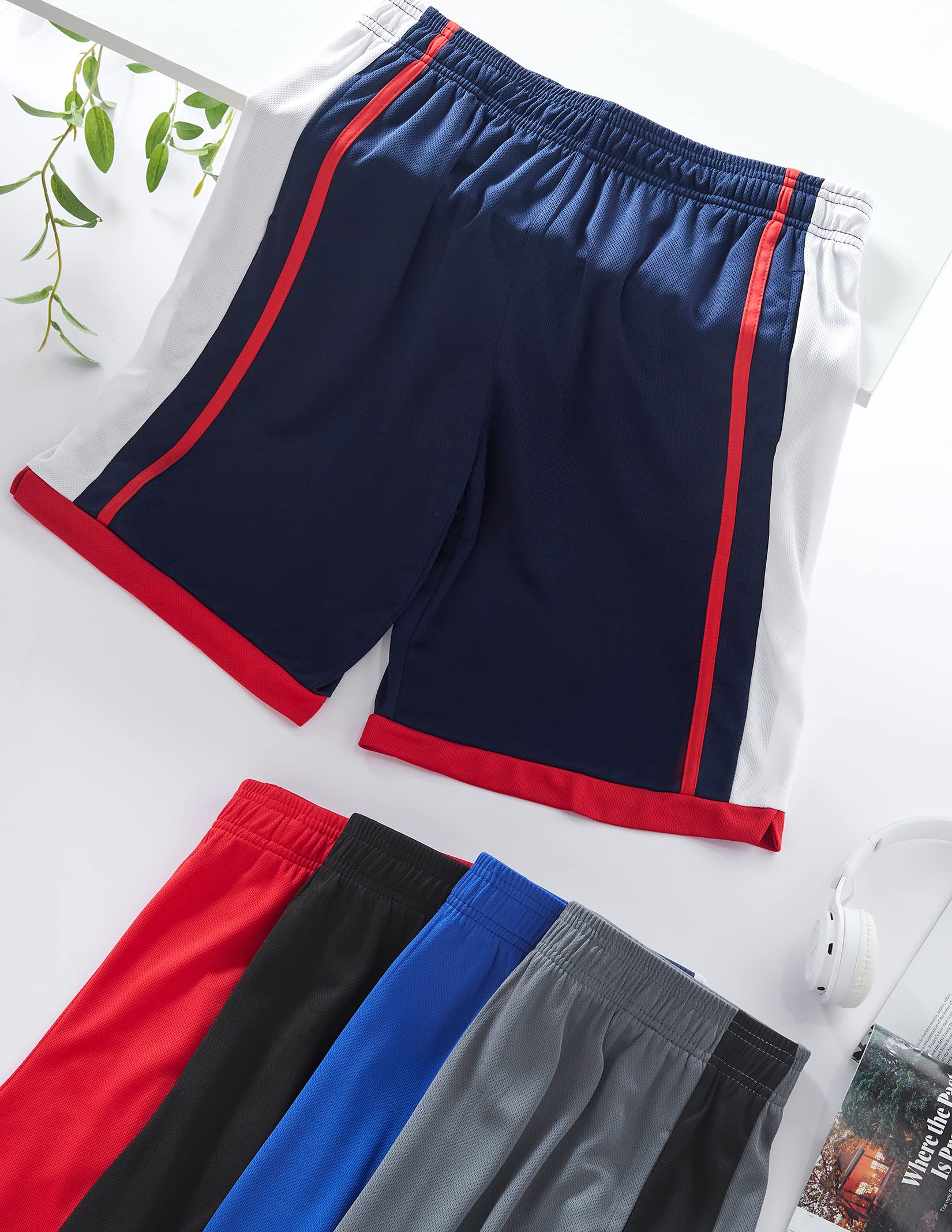 5 Pack Big Boys Youth Athletic Mesh Basketball Shorts with Pockets Quick Dry Activewear (Set 3, Small)