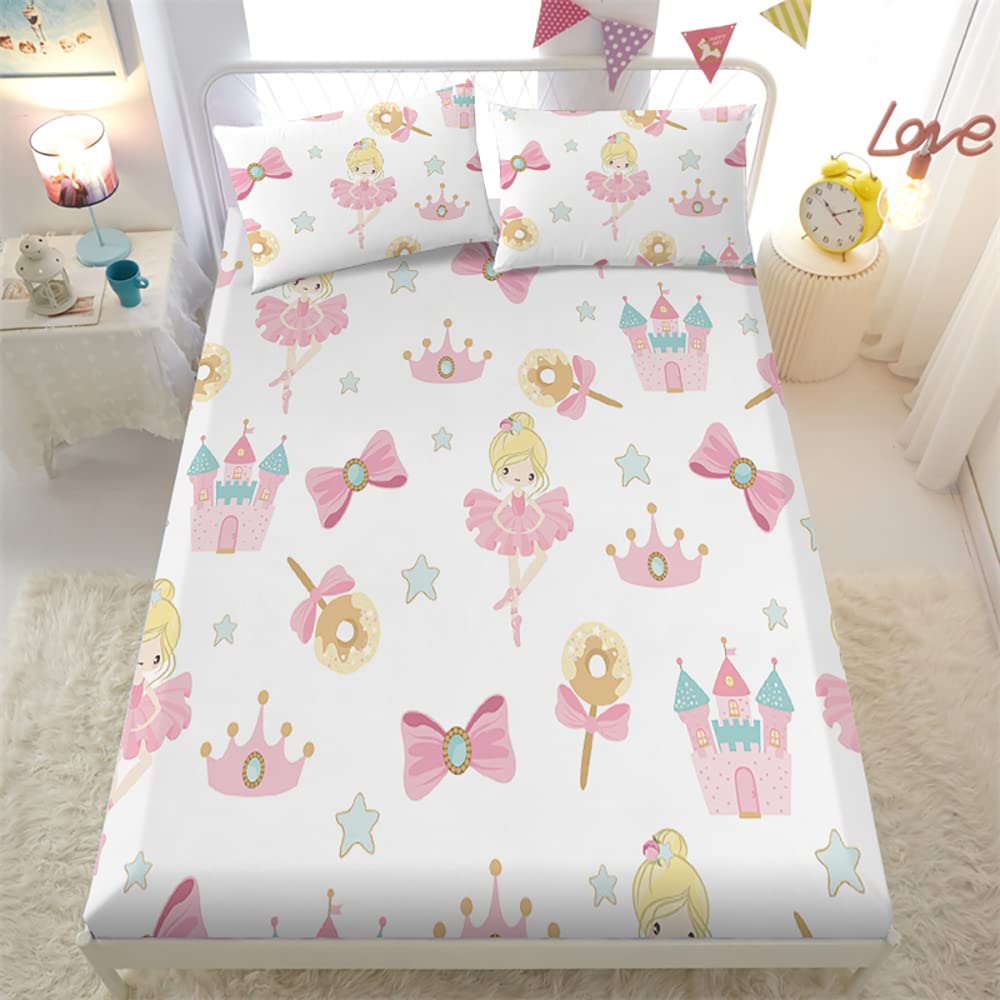 Jeyfull Pink Princess Fitted Sheets Twin for Girls Kids Crown Bed Sheet 2 Pcs 3D Print Flat Sheet with Pillowcase