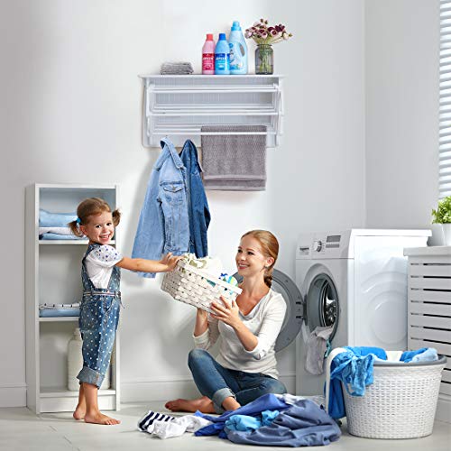 Danya B Accordion Clothes Drying Rack, Retractable, Wall Mounted Towel Rack and Hooks for Clothes and Towels for use in Laundry Room or Garage (White)