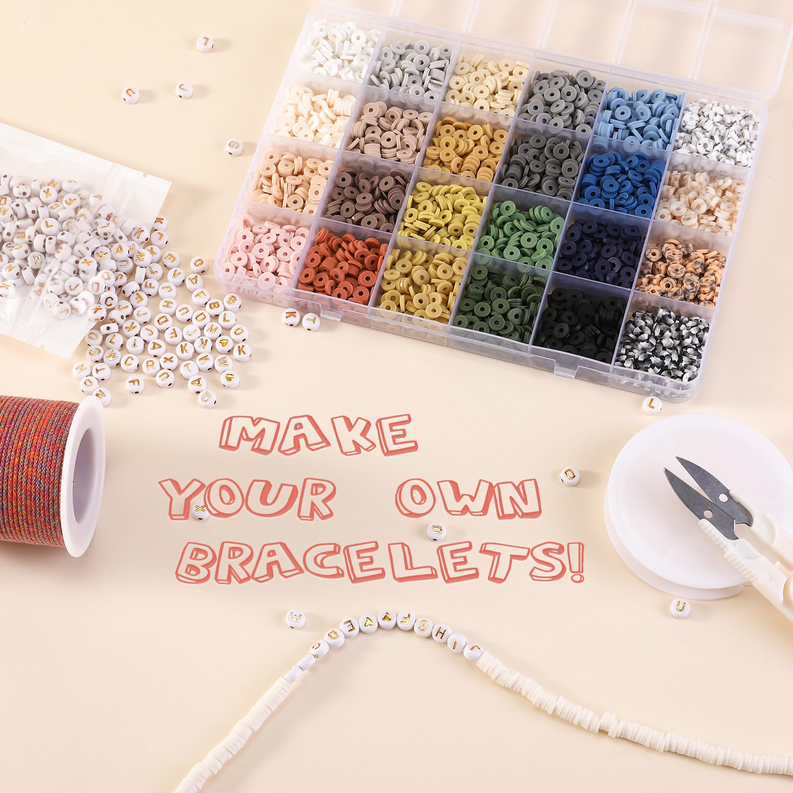 ADIIL 7200 Pcs Clay Beads Bracelet Making Kit, 24 Neutral Colors 6mm Polymer Clay Beads for Jewelry Making, Friendship Bracelet Heishi Beads with Letter Beads Gift for Adults