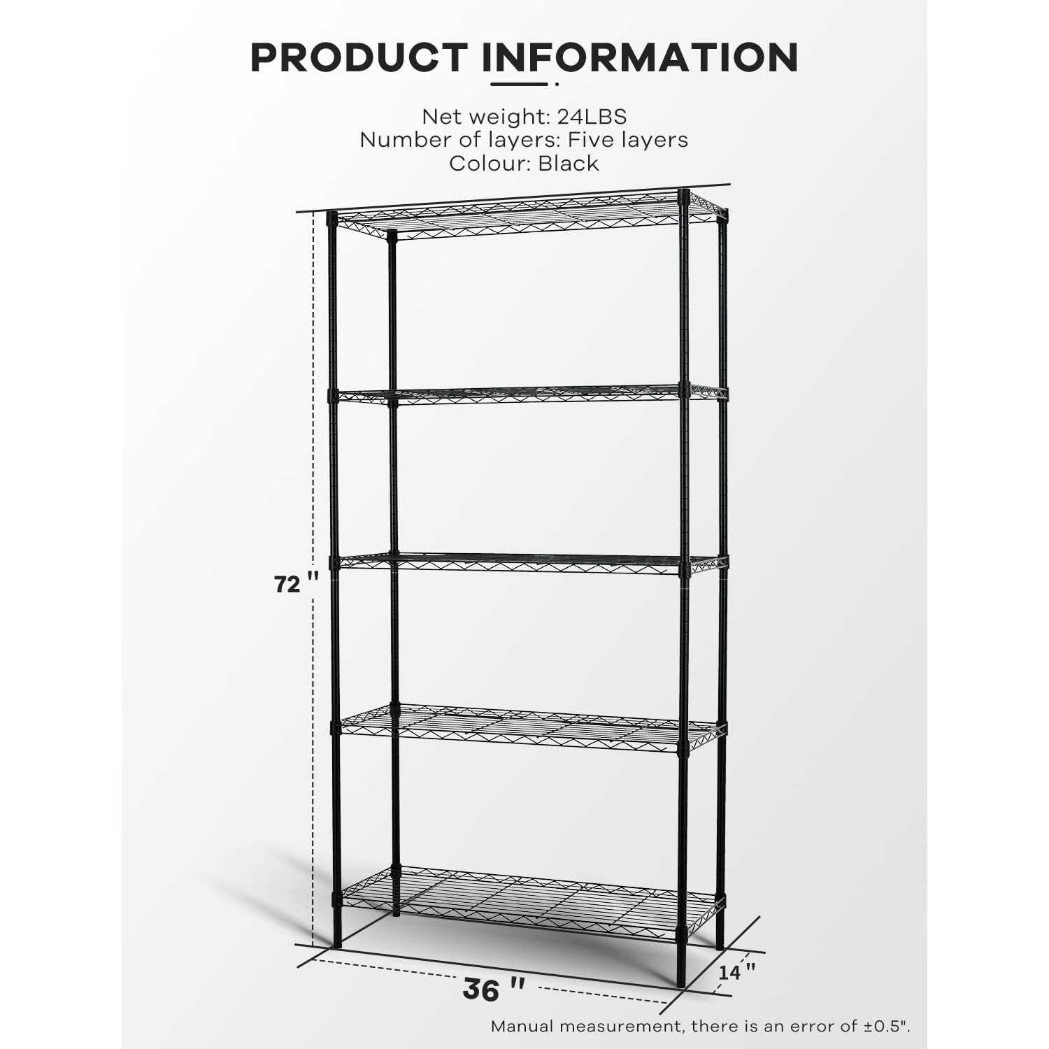 5-Tier Storage Shelves Adjustable,Wire Shelving Heavy Duty Storage Rack(250 Lbs Loading Capacity/Shelf) Metal Shelf Organizer Wire Rack Shelf for Pantry Garage Kitchen 36" D x14 W x 72" H -Black