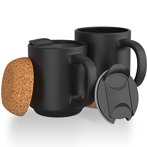Ceramic Coffee Mug w/Lid and Cork Coaster Base - 12oz Slideproof Coffee Cups w/Handle and Sip and Cover Lid - Set of 2 Dishwasher Safe Ceramic Travel Mugs - Reusable Black Insulated Cup
