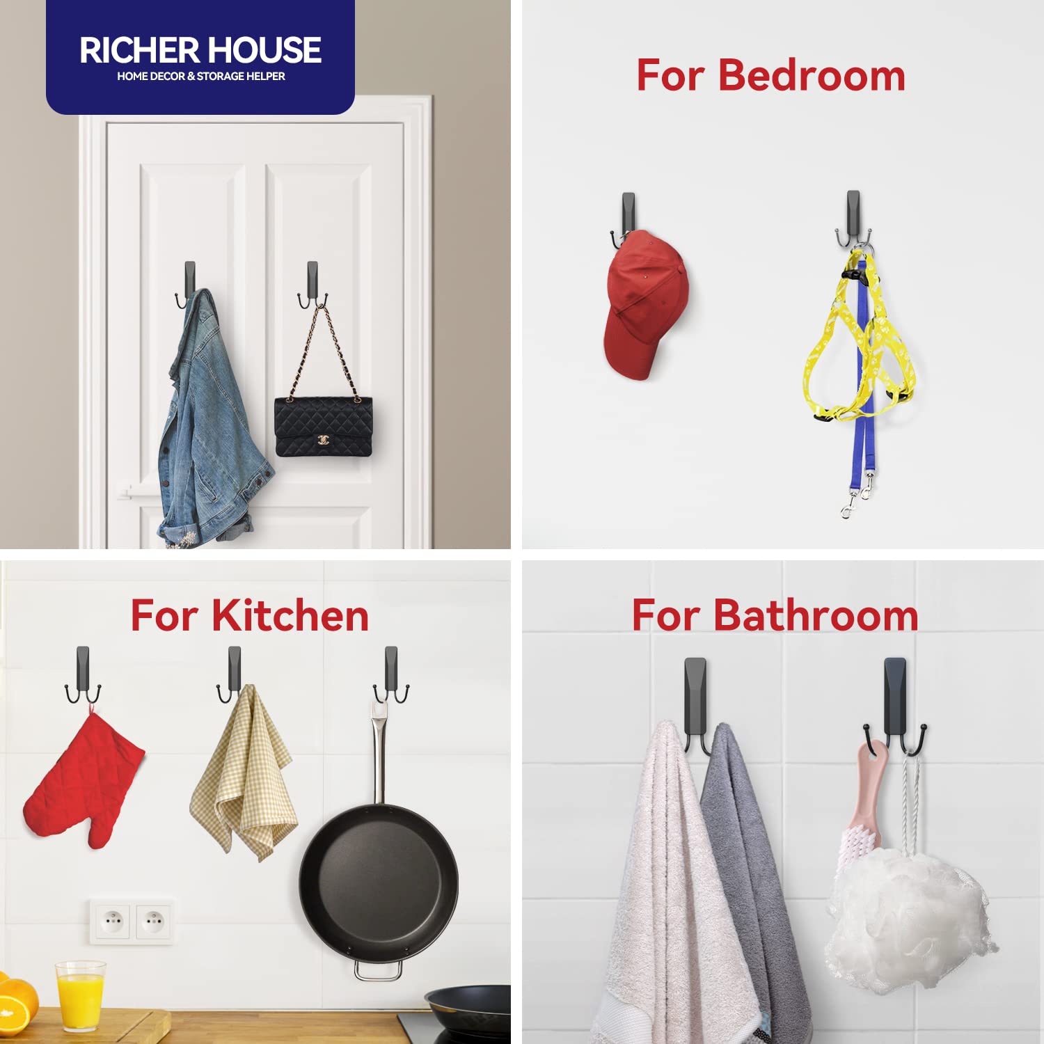 RICHER HOUSE Black Double Wall Hooks for Hanging, 4 Pack Removable Adhesive Wall Hooks with 5 Strips, Organize Damage-Free Sticky Hooks, Plastic Utility Hooks Heavy Duty for Coat, Towel, Hat, Key