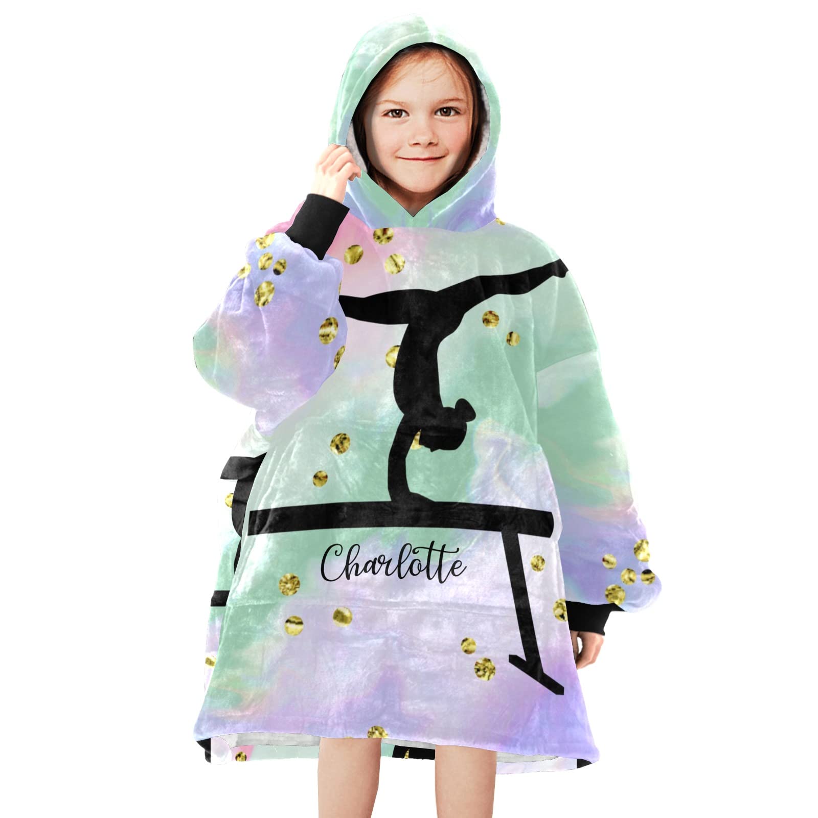 Gold Dots Girl Gymnast Custom Wearable Blanket Hoodie Sweatshirt with Pocket, Flannel Sherpa Warm Blanket for Children
