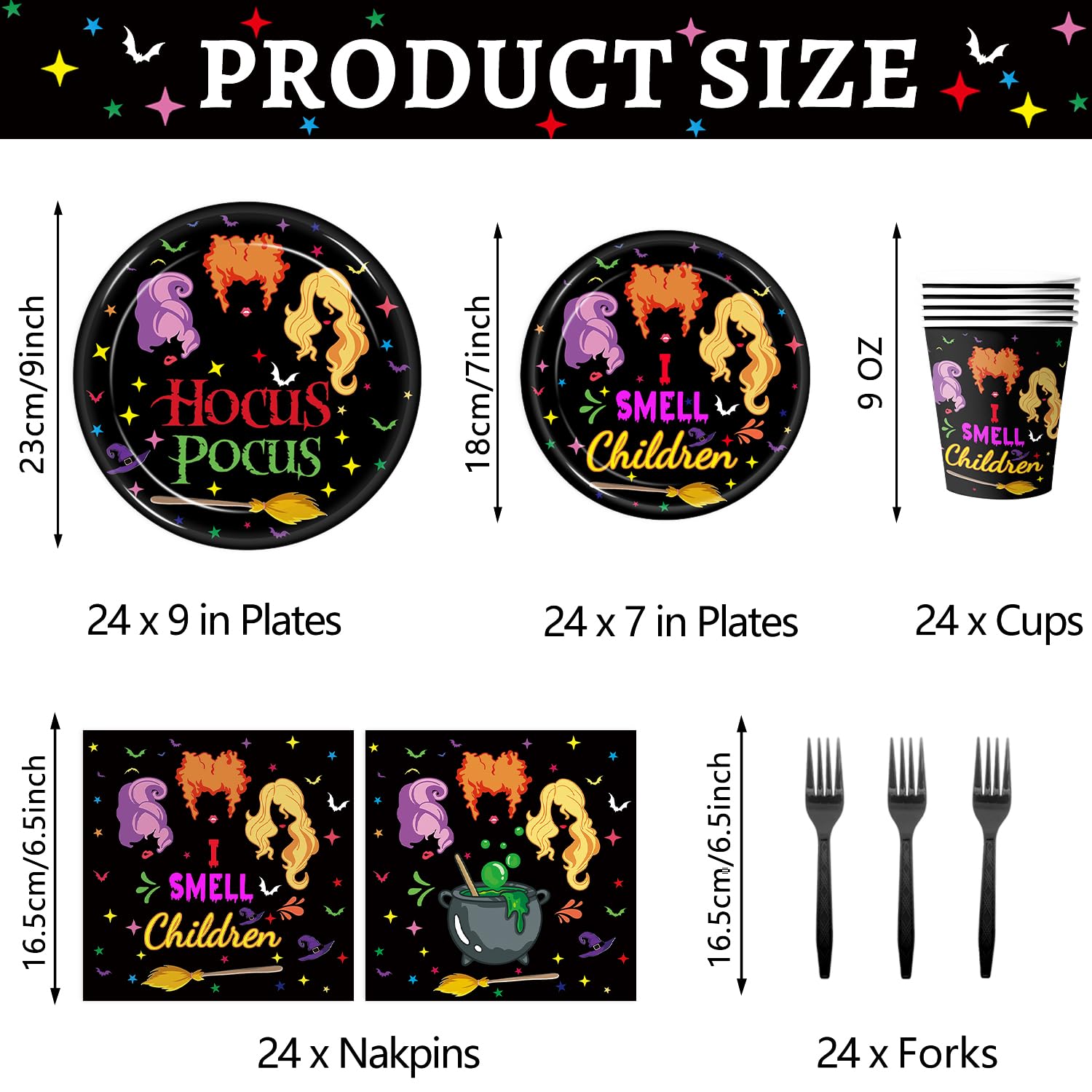 Halloween Hocus Pocus Party Tableware Set Halloween Decorations Paper Plates, Napkins, Cups, Forks for Halloween Witch Theme Party Decorations Hocus Pocus Party Supplies Favors, 24 Guests