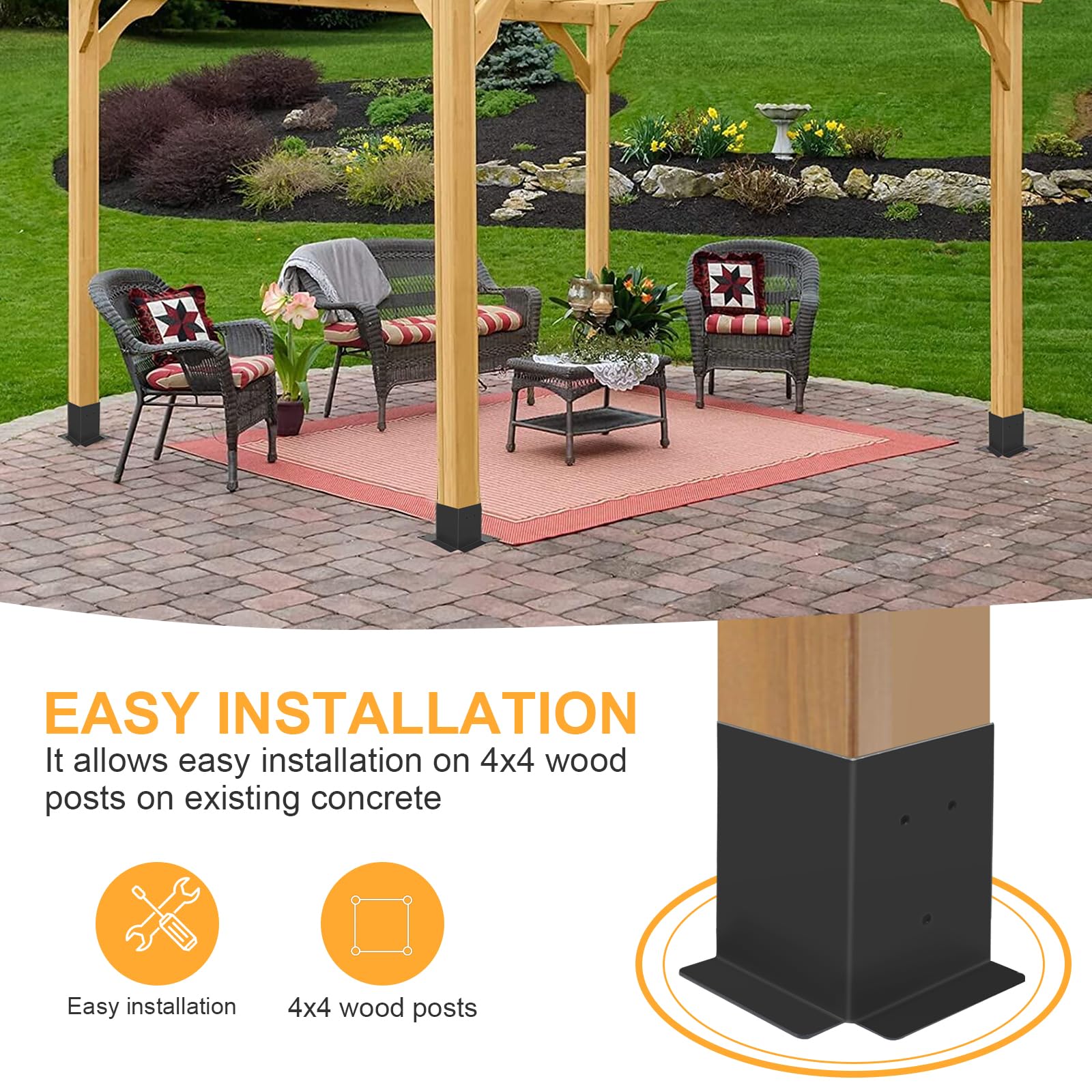 4x4 Post Base 4 Pcs, (Inner Size 3.6x3.6) Post Anchors, 13GA Thick Solid Steel & Black Powder Coated,Deck Post Brackets Support Deck Base Plate Pergola Brackets Fence Kit Mailbox Mount