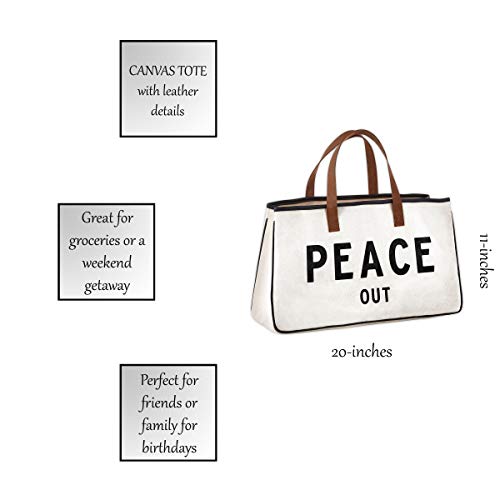 Santa Barbara Design Studio Tote Bag Hold Everything Collection Black and White 100% Cotton Canvas with Genuine Leather Handles, Large, Peace Out