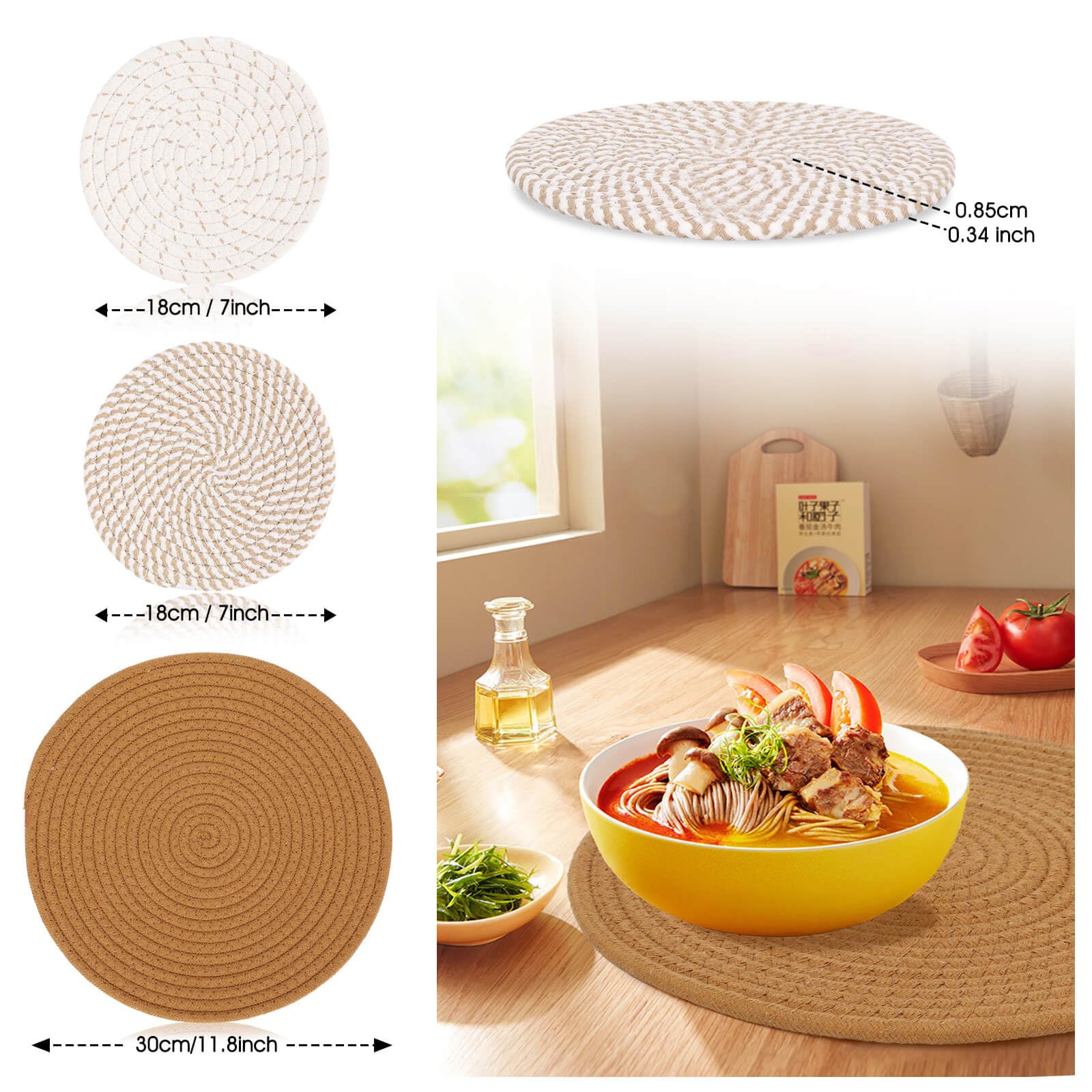 Billbotk Trivets for Hot Pots and Pans, 6 Pieces Boho Rivets for Hot Dishes, Pot Holders for Kitchen, Hot Pads for Countertops, Fall Decorations for Home, 11.8 Inches and 7 Inches 