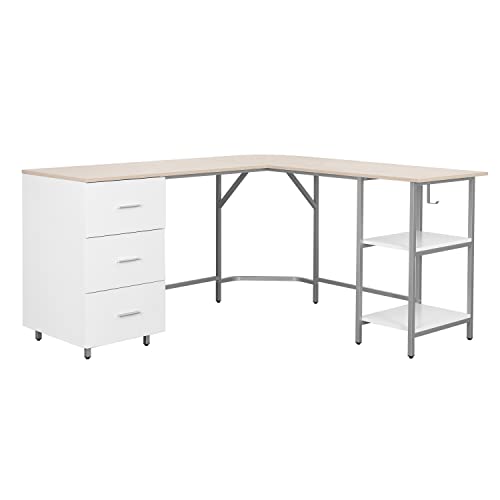 Techni Mobili L Shaped Desk - Two-Toned Computer Desk with Drawers & Storage Shelves - Simple Modern Furniture & Home Office Space Corner Table for Work & Writing