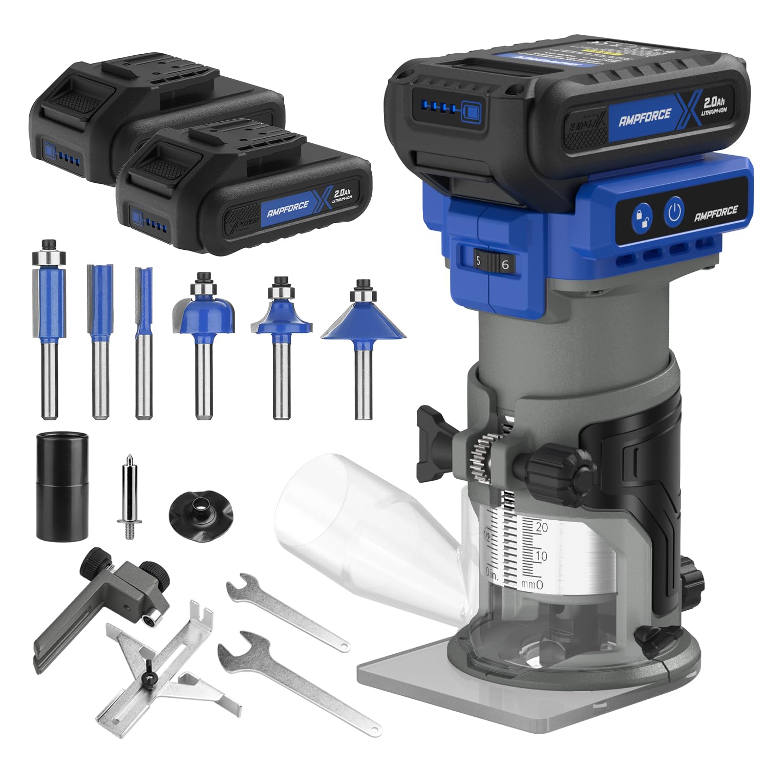 AMPFORCE 20V Cordless Router Tool, 6 Variable Speeds 30,000RPM Brushless Trim Router, Compact Wood Palm Router for Woodworking with Fixed Base, Trim Router Bits, and 2 Batteries