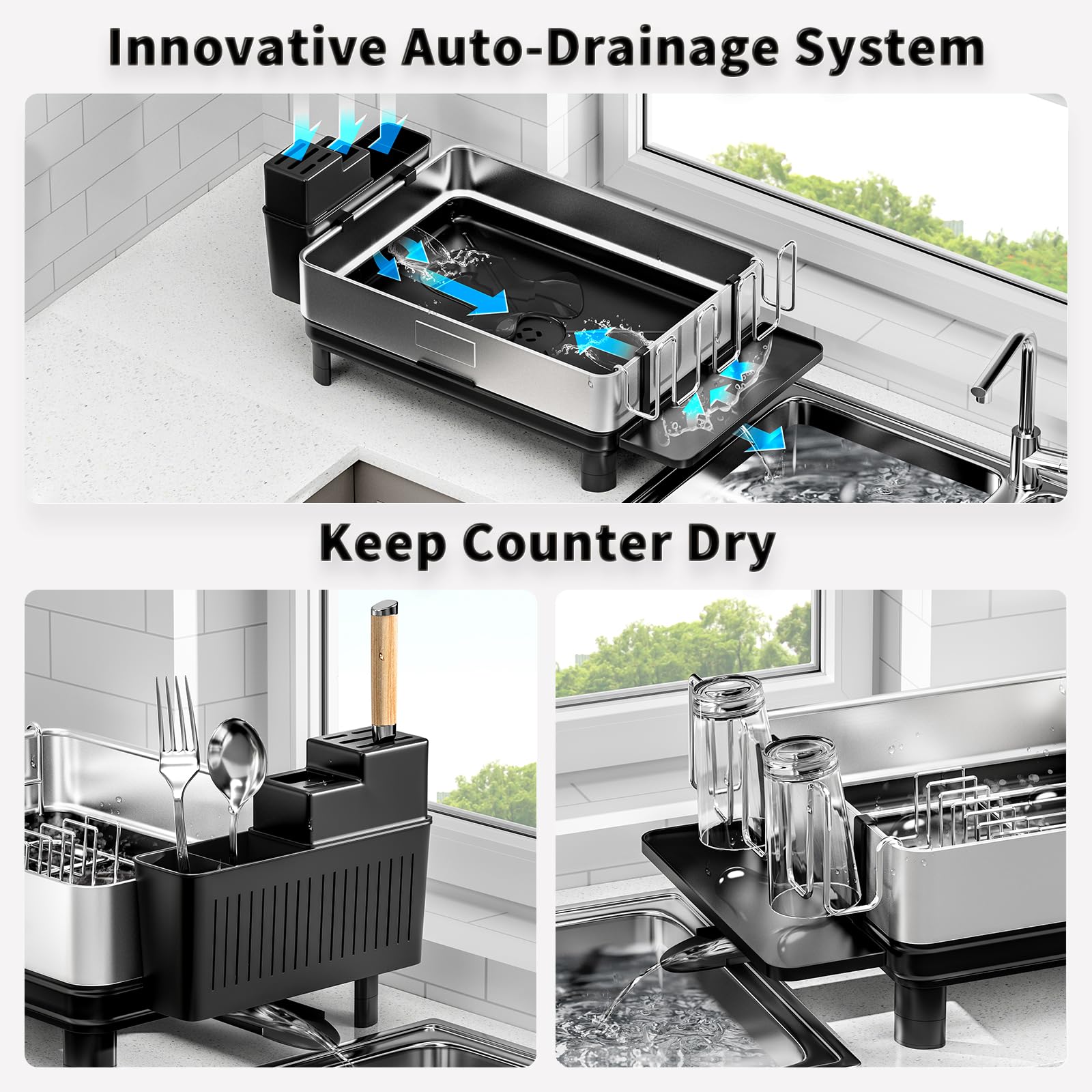 SanDream Dish Drying Rack, Stainless Steel Dish Rack for Kitchen Counter, Dish Drainer for with 360° Rotatable Drain Spout & Utensil Holder, Saving-Space Kitchen Organizer with Cups Holder, Black