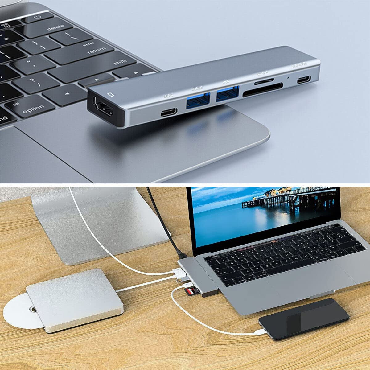 7 in 1 Multiport USB-C Hub Type C to USB 3.0 4K HDMI Adapter for MacBook Pro/Air