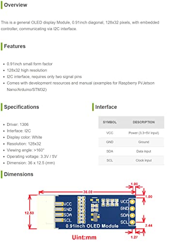 Waveshare 0.91inch OLED Display Module 128x32 Pixels with Embedded Controller Communicating via I2C Compatible with Raspberry Pi/Jetson Nano/STM32