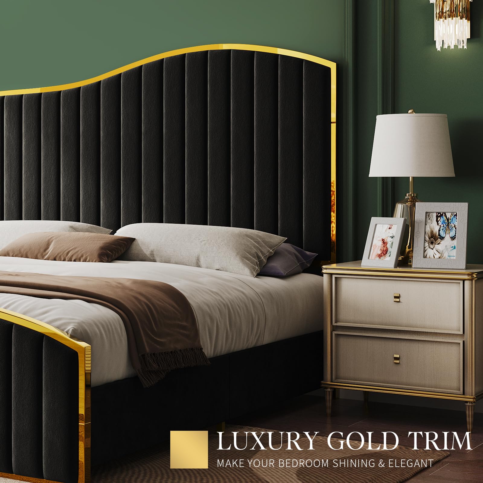 AMERLIFE Queen Size Bed Frame, 61.4" High Headboard Platform Bed Velvet Upholstered with Gold Trim & Footboard/Wooden Slats/No Box Spring Required/Black