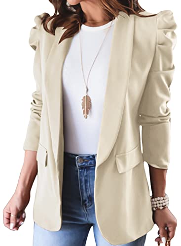 Asvivid Womens Tweed Blazers Casual Open Front Office Blazers Puff Sleeve Jackets Work Suit with Pockets Apricot,M