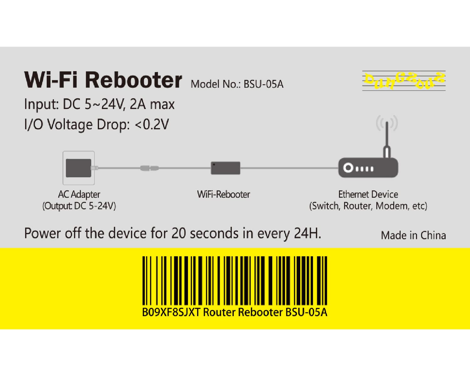 5.5 x 2.1mm Extension Cable with Router Rebooter (10 Inches Length), Works with AC Adapter to Reboot WiFi Router / Modem / Switch / IP Camera Automatically, Refresh Your Network Connection Regularly