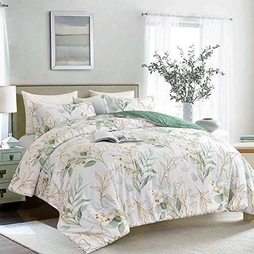 Nanko Queen Size Comforter Set, Green Gold Floral Leaf Flower Print Pattern Down Alternative Comforter Microfiber Modern Bedding,All Season Duvet Bed Set in a Bag for Women Men, 3 Pcs,88 x 90 inch