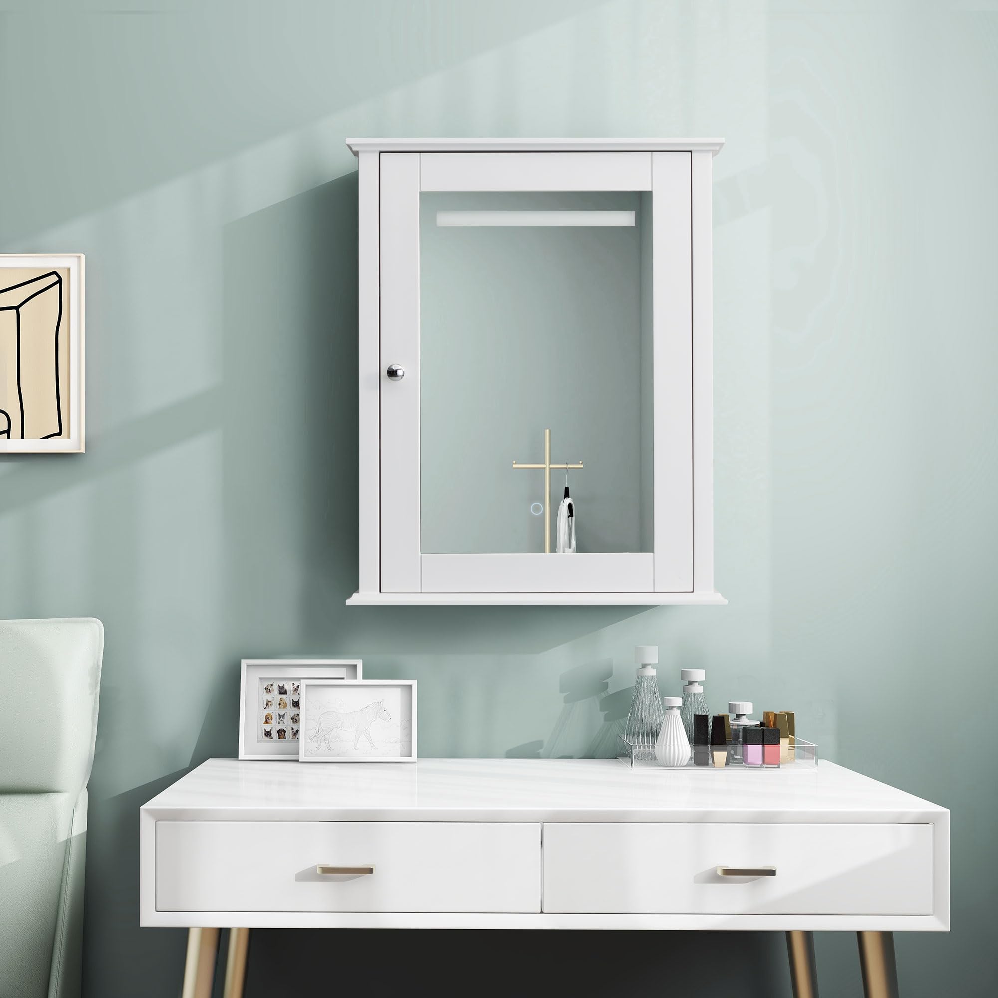HIGEINE Bathroom Wall Cabinet with Mirror and Light, LED Mirrored Medicine Cabinet, Wall Mounted Storage Cabinet with Mirror and Adjustable Shelf,Fully Assembled
