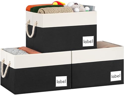 ASXSONN Fabric Storage Bins with Label, Foldable Storage Baskets for Shelves with Handles [3-Pack], Large Storage Baskets for Organizing Home, College Dorms, 15"x11"x9.6", Black&White