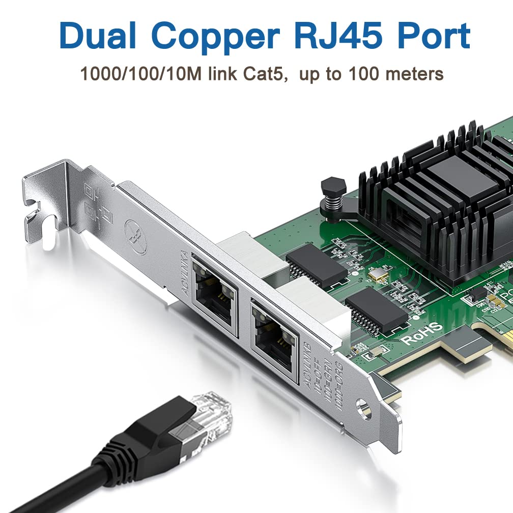 Gigabit Dual NIC with Intel 82576 Chip, 1Gb Network Card Compare to Intel E1G42ET NIC, 2 RJ45 Ports, PCI Express 2.1 X1, Ethernet Card with Low Profile for Windows/Windows Server/Linux
