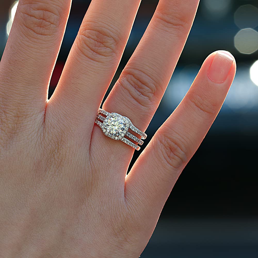 925 Sterling Silver 3 Pcs Bridal Ring Sets Round Cut CZ Engagement Rings for Women Wedding Bands for Women Size 6 7 8 9 (Silver, 6)