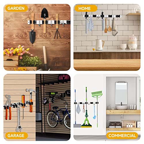 Kozci Mop and Broom Holder Wall Mount, Non-Slip Broom Organizer Wall Mount Self Adhesive Broom Hanger with 5 Racks 4 Hooks Stainless Steel Tools Rack Broom Storage Organizer for Kitchen Garden Garage