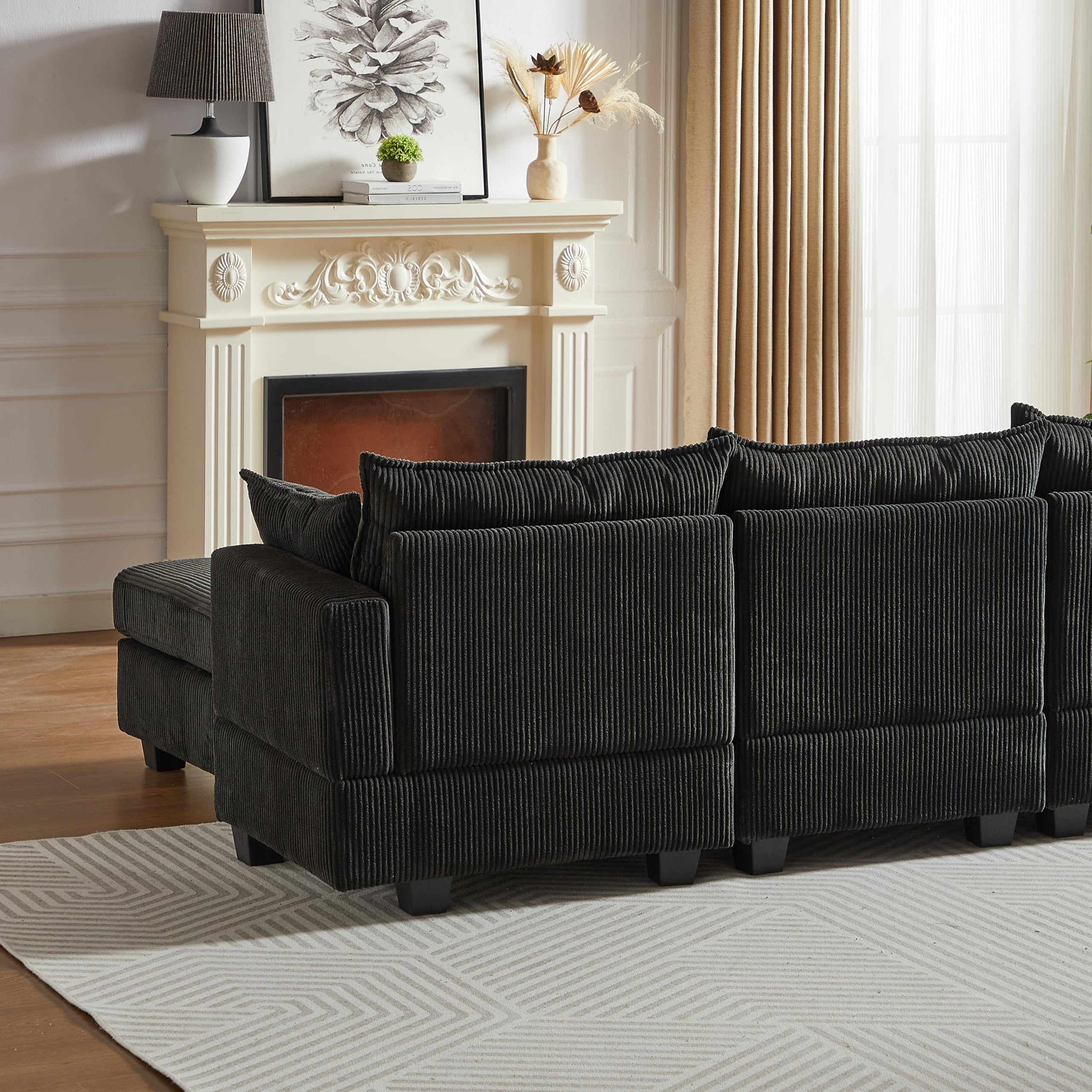 amervanito 113.5''Modern Modular Sectional Sofa, Large U-Shape Sectional Sofa Couch with Storage Seat, 6 Seats Convertible Sofa Bed with Reversible Chaise for Living Room (Black), wf035