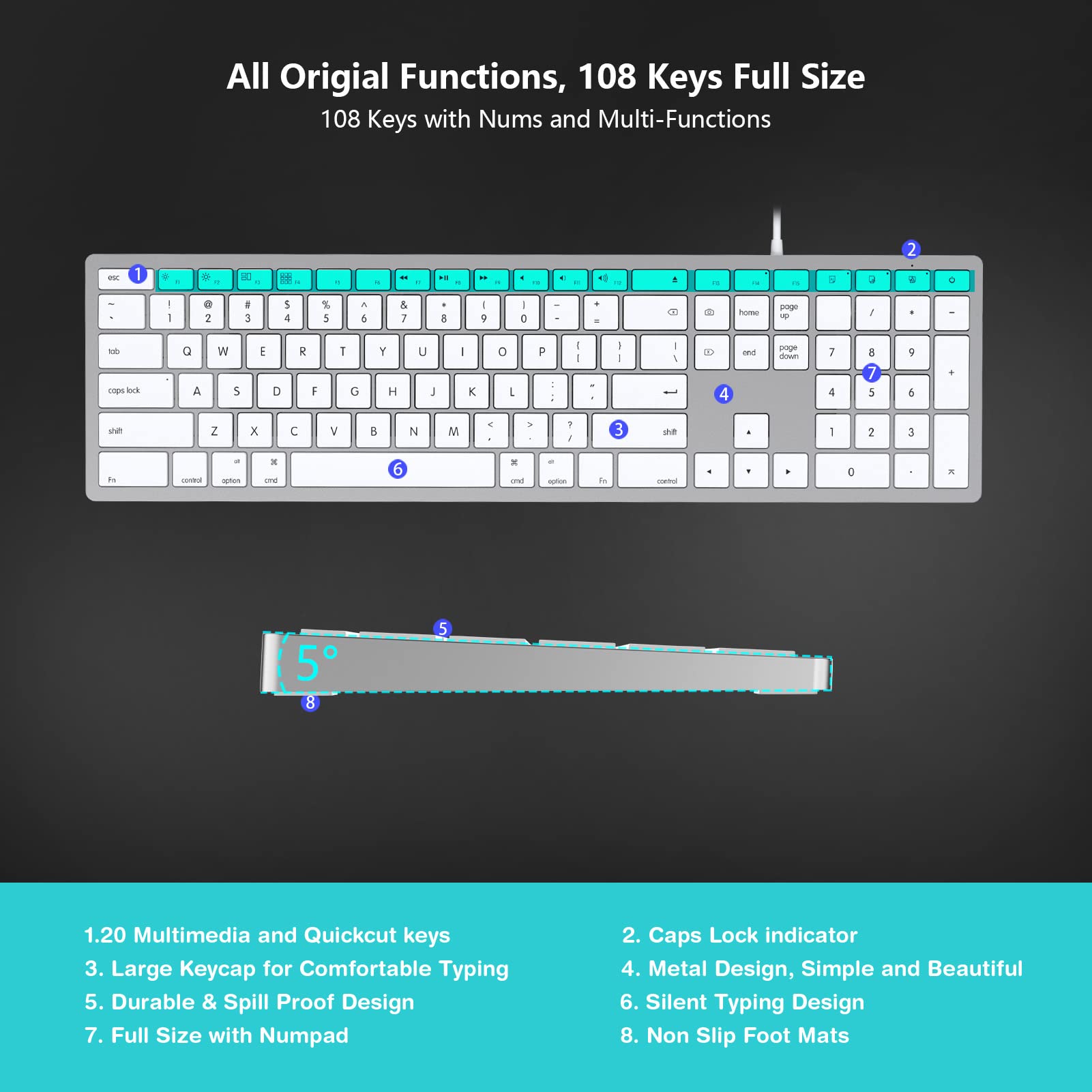 Acebaff Keyboard for Mac,Compatible Apple Keyboard with Large Keys,Full Size Computer Keyboards with 20 Multimedia Shortcut Keys, USB A/USB C Wired Keyboard for Apple Mac Pro/Mini,MacBook Pro/Air,iMac