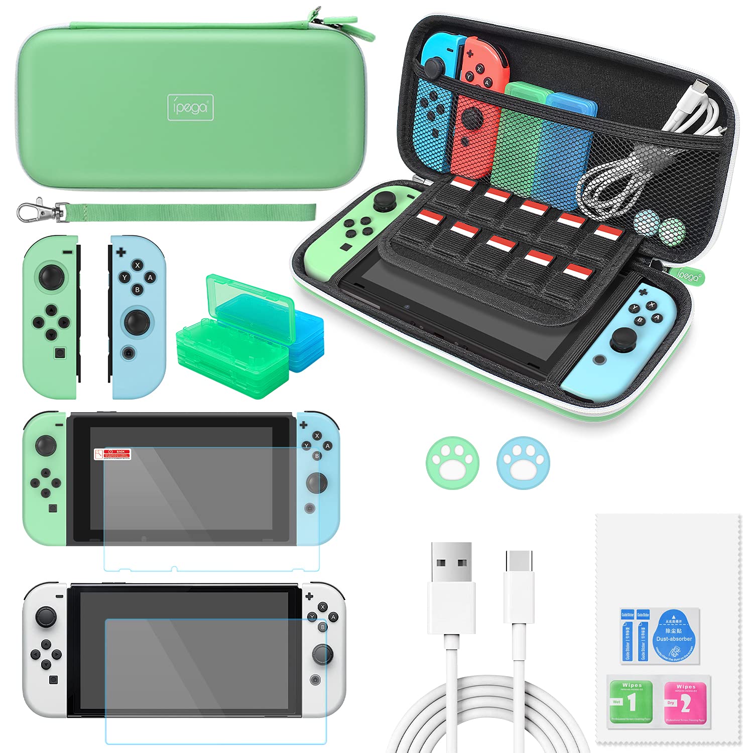 Accessories Bundle Compatible with Nintendo Switch & OLED Model 2021,13 in 1 Accessories kit with Carrying Case,Screen Protector,Game Storage Case,Silicone Case,Thumb Grip Cap Compatible with Joy-Con