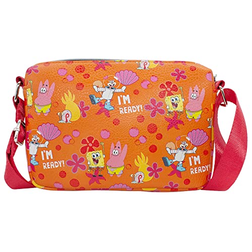 Buckle Down Nickelodeon Bag, Cross Body, Rectangle, Spongebob and Friends Im Ready Flowers and Bubbles, Orange, Vegan Leather, Nick 90's Rewind