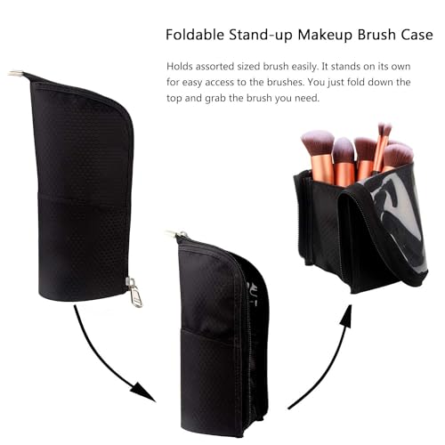 Makeup Brush Case Travel Makeup Brush Holder Large Makeup Brush Bag Professional Cosmetic Bag Artist Storage Bag Essentials Stand-up Foldable Makeup Cup Waterproof (Black, Large)