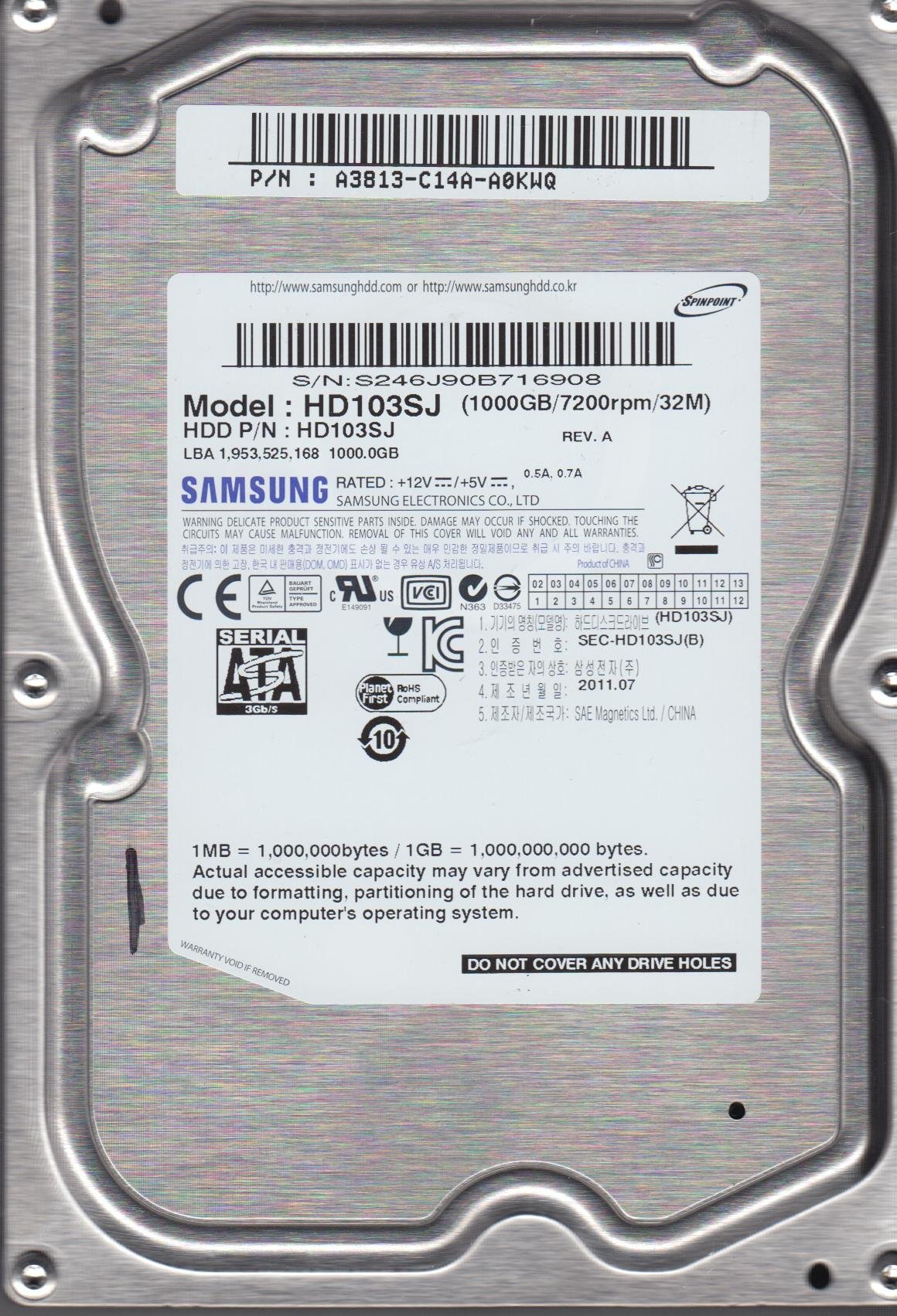 HD103SJ, HD103SJ, REV A, Samsung 1TB SATA 3.5 Hard Drive