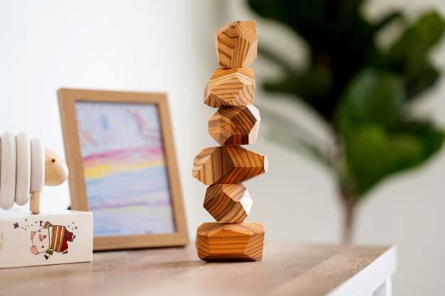 PERCHED Natural Cedar Stacking Rocks, Large Wooden Blocks, Montessori Puzzle Game, Toddler Toys For Classroom, Wood Balancing Stones Set (6 Pc)