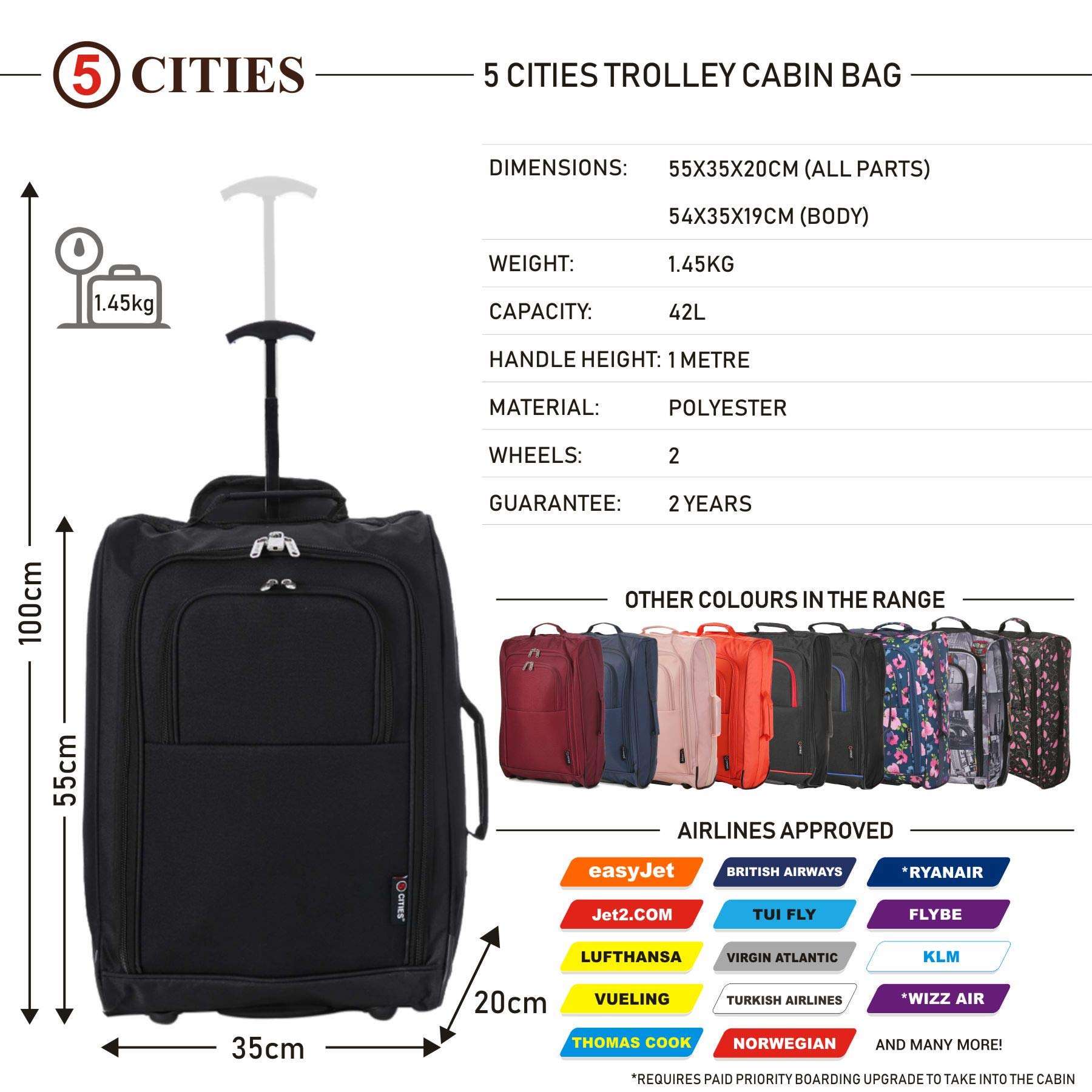 5 Cities Ryanair Cabin Approved Main and Second Set - Carry On Both! Hand Luggage, 55x35x20cm, 42.0 L, Black
