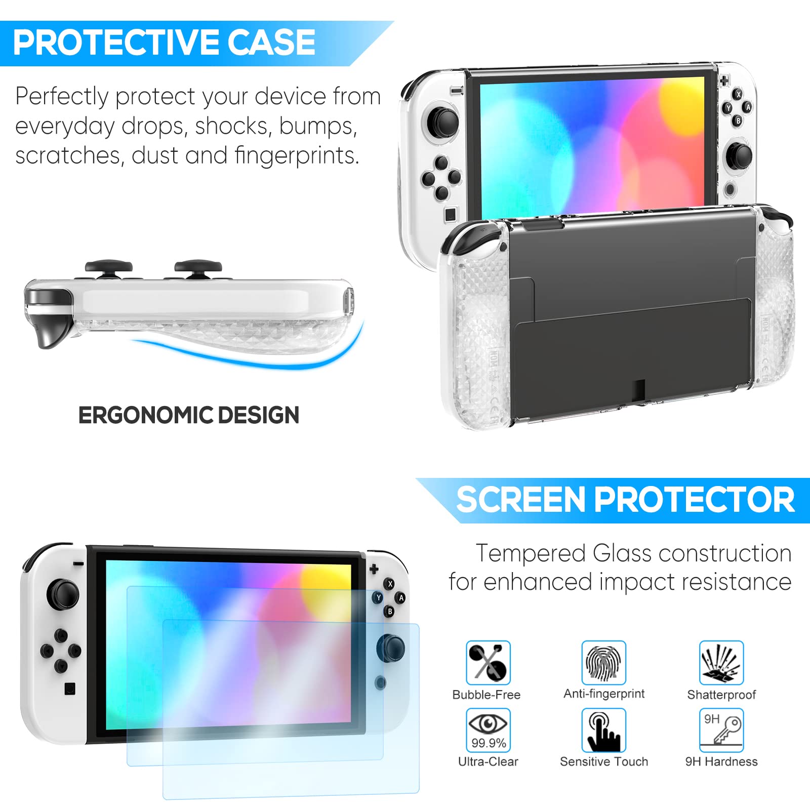 Accessories Bundle Compatible with Nintendo Switch OLED Model, Switch Carrying Bag with Charging Dock, PlayStand, Clear Case Cover, Screen Protector, Thumb Grips Caps, Game Card Case, Steering Wheels