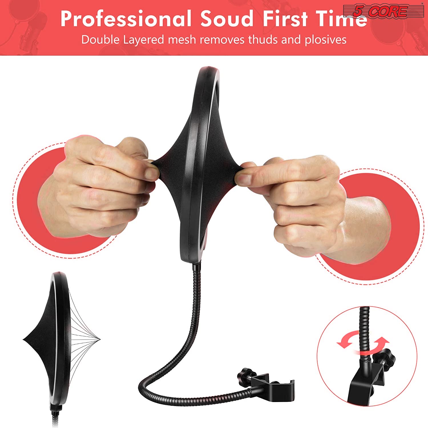 5 Core Mic Arm Adjustable Boom Microphone Stand Desk Mount Heavy Duty Brazo Para Microfono for Condenser Dynamic Mics - MS ARM BLK