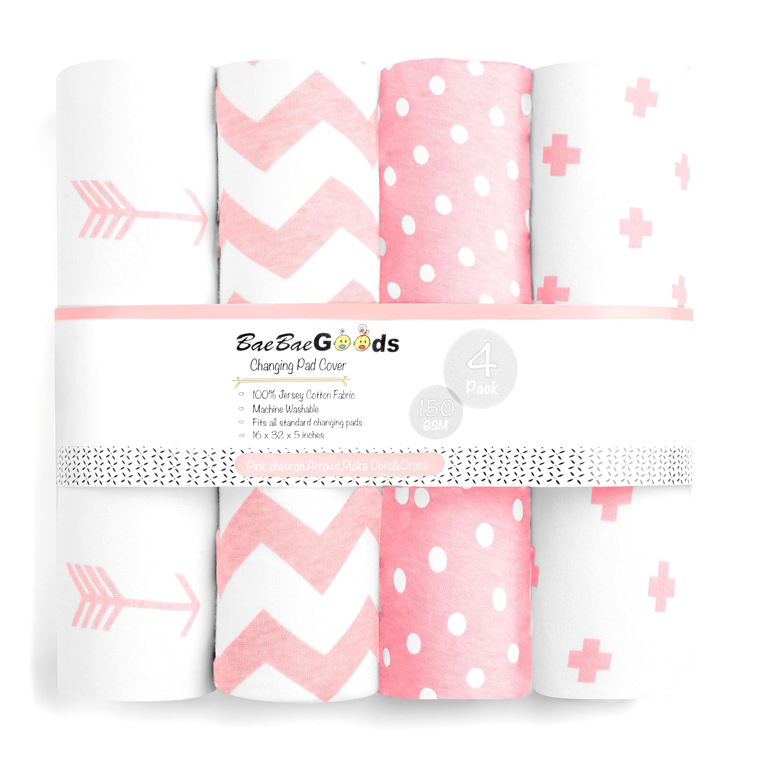 Changing Pad Cover – Baby Changing Pad Covers 4 Pack – Girls Changing Pad Cover Set – Pure Cotton Machine Washable Pink and White Changing Table Cover – Diaper Changing Pad Cover Sheets
